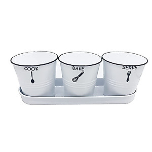 Hydrone Design Metal Utensil Holder Set with Tray, Kitchen Utensil Storage Caddy Flatware Organizer,White Farmhouse Countertop Decor