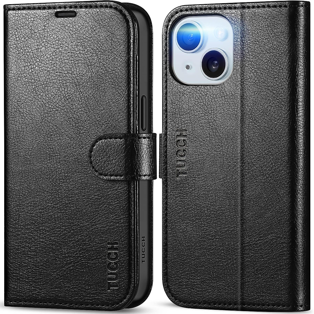 TUCCH Case for iPhone 15 Wallet Case, Kickstand [RFID Blocking] 4 Card Slots Protective TPU Interior Case, PU Leather Magnetic Shockproof Flip Cover Compatible with iPhone 15 6.1" 2023, Textured Black