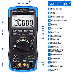 Digital Multimeter AP-770D TRMS 40000Counts Multimeter Tester Autoranging Voltmeter Ammeter with High Precision for NCV AC/DC Voltage Current Resistance Capacitance Frequency Diodes hFE Temperature