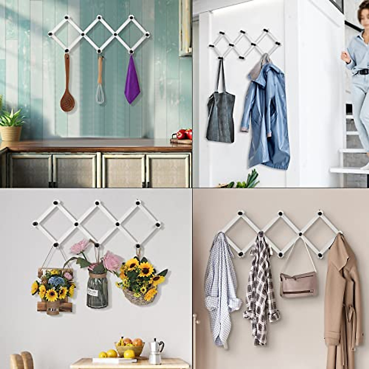 CILXGQLN 2 Pack Expandable Coat Rack Hat Hangers for Wall, Accordion Wall Hangers, Wooden Hat Rack Wall Mounted, 10 Peg Hooks for Keys, Hat, Bags, Coats, Towels, Umbrella, Necklaces, White