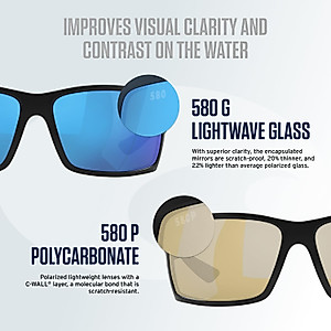 Costa Del Mar Mens Reefton Pro Rectangular Sunglasses, Grey/Polarized Blue Mirrored 580G, 63 mm