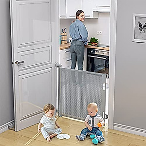 Punch-Free Retractable Baby Gates, BabyBond 33 * 71 inches Extra Wide Baby Gate for Stairs Suitable for Kids or Pets Indoor and Outdoor Dog Gates for Doorways, Stairs, Hallways, Grey
