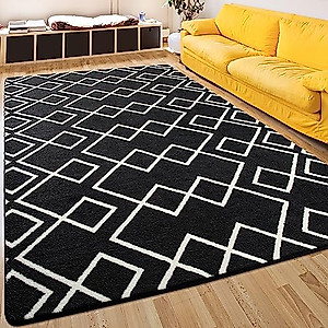 Rtizon Shag Rug for Living Room, 5x7 Feet Black Area Rugs with Memory Foam for Bedroom Dorm, Fluffy Shaggy Moroccan Geometric Carpet for Girls Kids Nursery Play Room Indoor Decor
