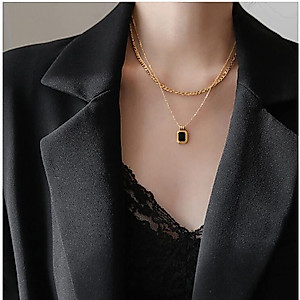 LETTARIUS Layering Necklace Gold Curb Chain Choker Dainty Black Square Pendant Layered Collar Necklace Stainless Steel Jewelry for Women