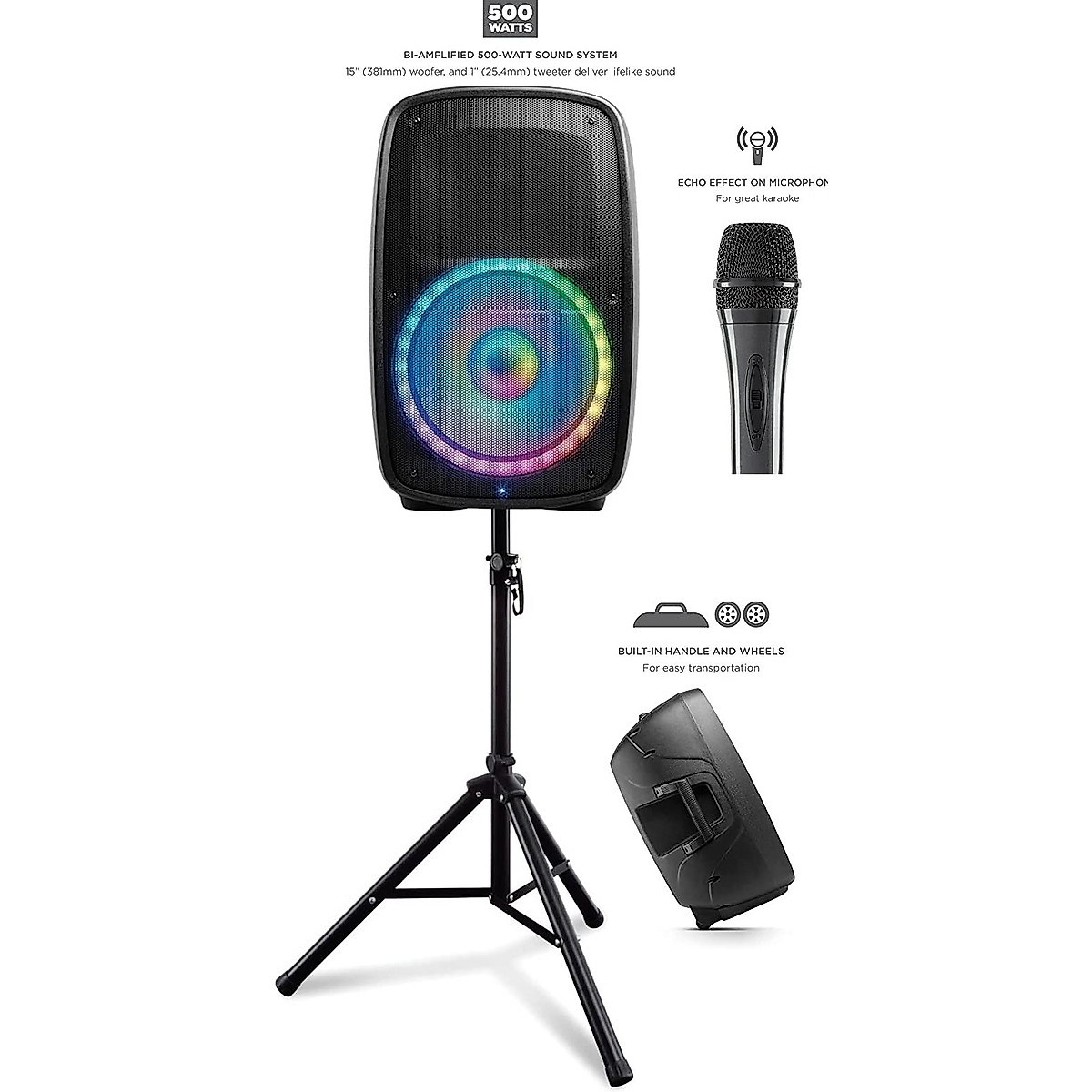 Ion Audio Total PA Glow Max - Bluetooth Speaker 500W PA System with Microphone Stand and LED Lights (Renewed)