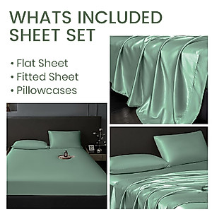 Revdomfly 4 Pcs Full Size Luxury Silky Soft Grass Green Satin Sheet Set,1 Premium Moisture Wicking Fitted Sheet Fits Up to 16 Inches Deep Pocket + 1 Flat Sheet + 2 Pillowcases（Grass Geen, Full）