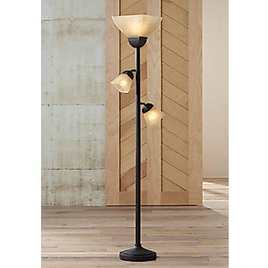 Franklin Iron Works Rustic Farmhouse Mission Torchiere Floor Lamp 71 1/2" Tall Roman Bronze 3-Light Frosted Champagne Amber Glass Shade for Living Room Reading Bedroom Office House Home Decor