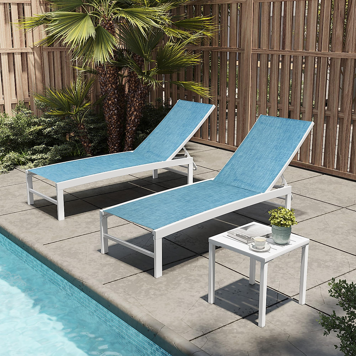 VredHom Patio Chaise Lounge Chair Set, 3PCS Outdoor Recliner Lounge Chair with Side Table, All Weather Chaise with 5 Adjustable Backrest and Lay Flat Positions for Garden, Balcony, Pool