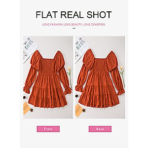 Dokotoo Women's Ladies Spring Casual Summer Dresses Casual Sexy Off The Shoulder Square V Neck Flared Long Sleeve Cute Ruffle Smocked Elegant Mini Short Birthday Dresses for Women Brown Small