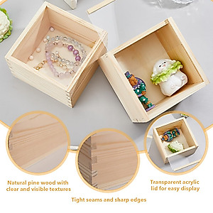 DICOSMETIC 2Pcs Slide Square Wood Box Unfinished Wood Storage Box with Transparent Sliding Lid 11.9CM Visible Wood Gift Box for DIY Craft Storage and Decorative Organizer, 4.7x4.7x3