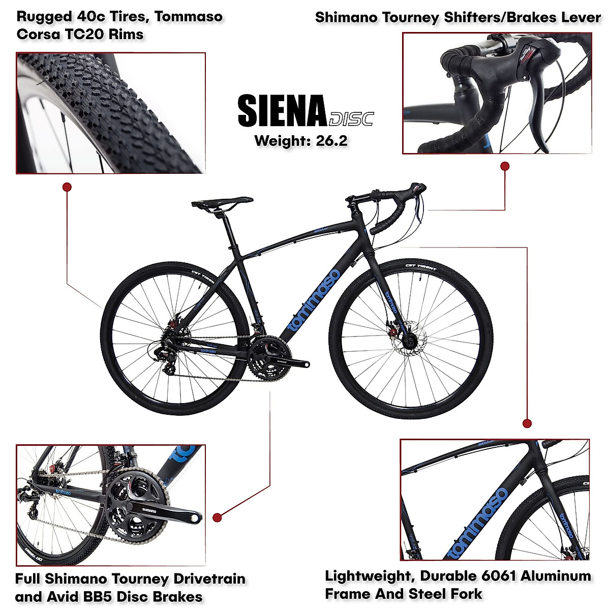 Tommaso Siena Sport Performance Aluminum Gravel Bike, Shimano Tourney 21 Speeds Road Bicycle Men Road Bikes for Men Bike Men Women Sport Bike Speed Bike Racing Bike Adult Bike City Bike - XL 60cm