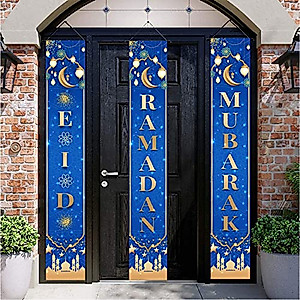 Eid Mubarak Porch Sign Banner Ramadan Mubarak Hanging Decoration, Eid Mubarak Banner Front Door Hanging Sign Indoor/Outdoor Decorations