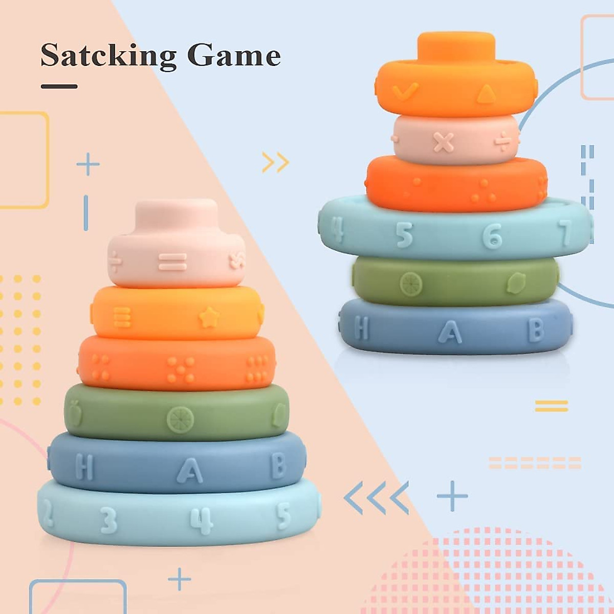 Soft Silicone Stacking Blocks for Toddlers, Stacking Rings Baby Toys, Montessori Toys for Babies, Baby Teething Toys for Newborn with Different Letter, Animal and Shape, BPA Free and Soft, 6PC