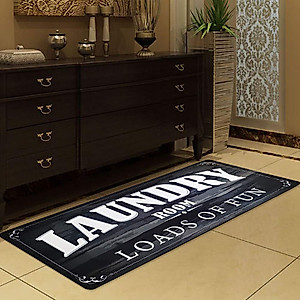 USTIDE 20X60 Black Laundry Room Rug, Non-Skid Anti Fatigue Laundry Room Mats Loads of Fun Home Decor Black White Kitchen Carpet