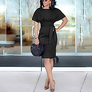 ECHOINE Women's Elegant Pencil Midi Dress Short Sleeve Party Cocktail Dresses with Belt Black XXL