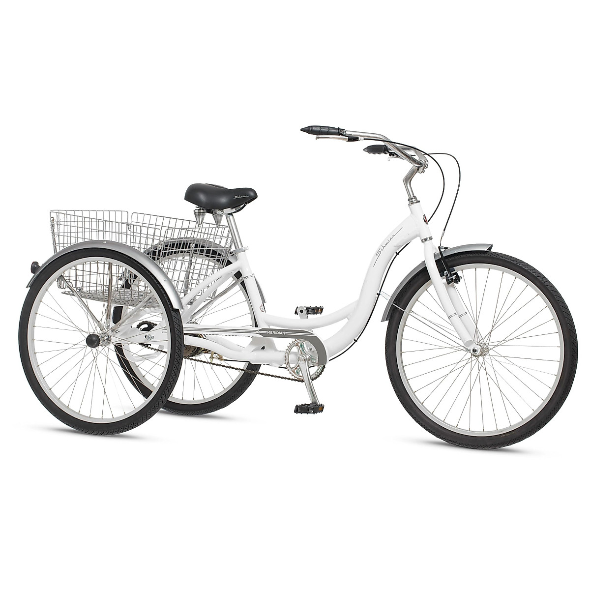 Schwinn Meridian Adult Tricycle Bike, Mens and Womens Three Wheel Beach Cruiser, 26-Inch Wheels, Low Step-Through Frame, Wide Seat, Rear Folding Basket, Single-Speed, White