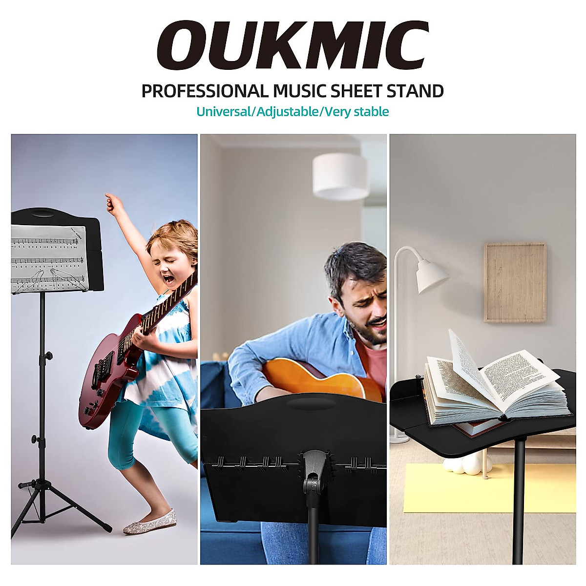 OUKMIC Music Stand, Folding Sheet Music Stand with Carrying Bag, Portable and Lightweight Music Book Stand with Instrument Book Clip & Page Holder for Performence, Guitar, Ukulele, Violin Players