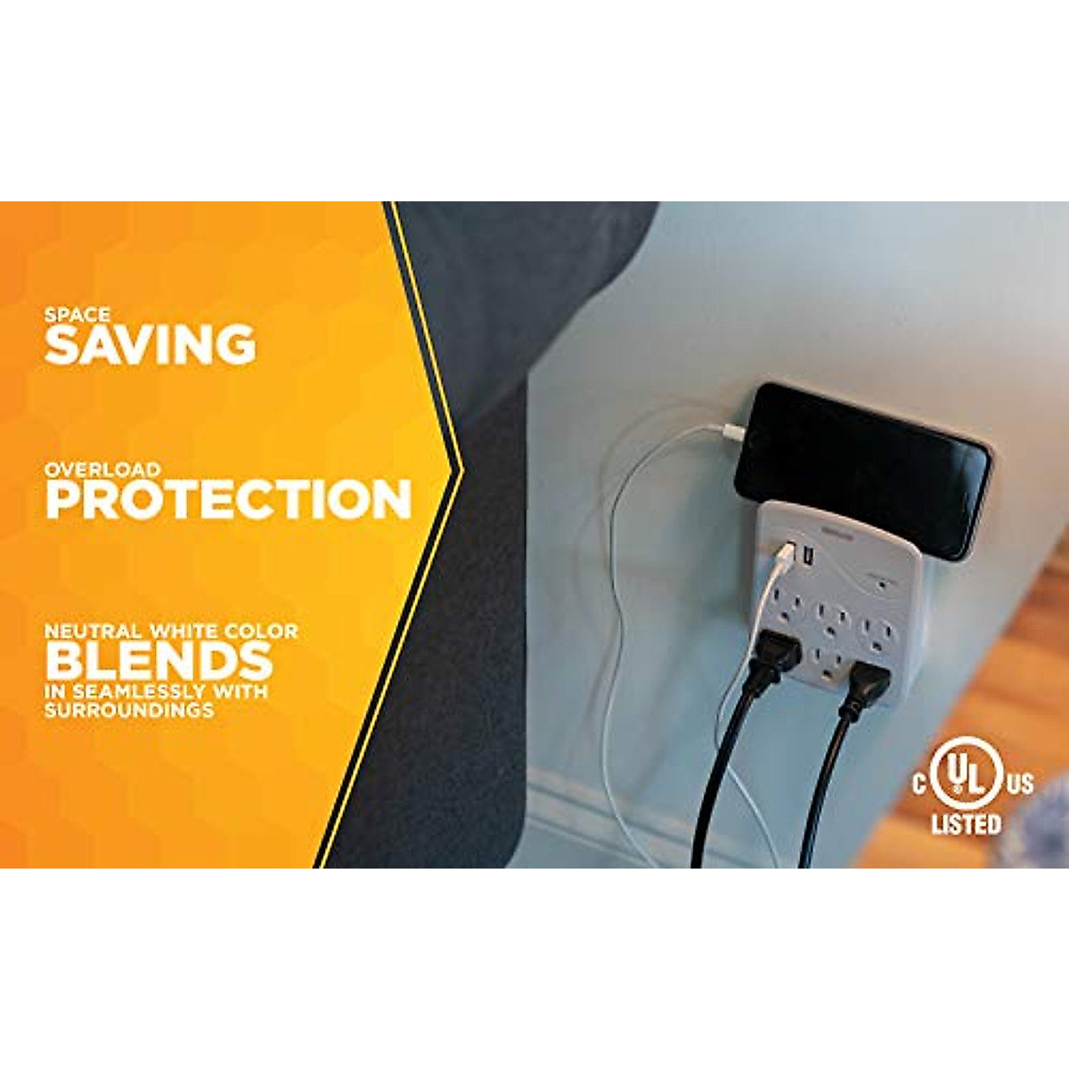 Woods 41079 Surge Protector with 6 Outlets and 2 USB Type A Ports with 1000J of Protection, White