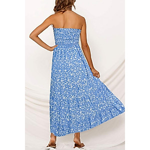 ZESICA Women's Summer Bohemian Floral Printed Strapless Beach Party Long Maxi Dress,Blue,Large