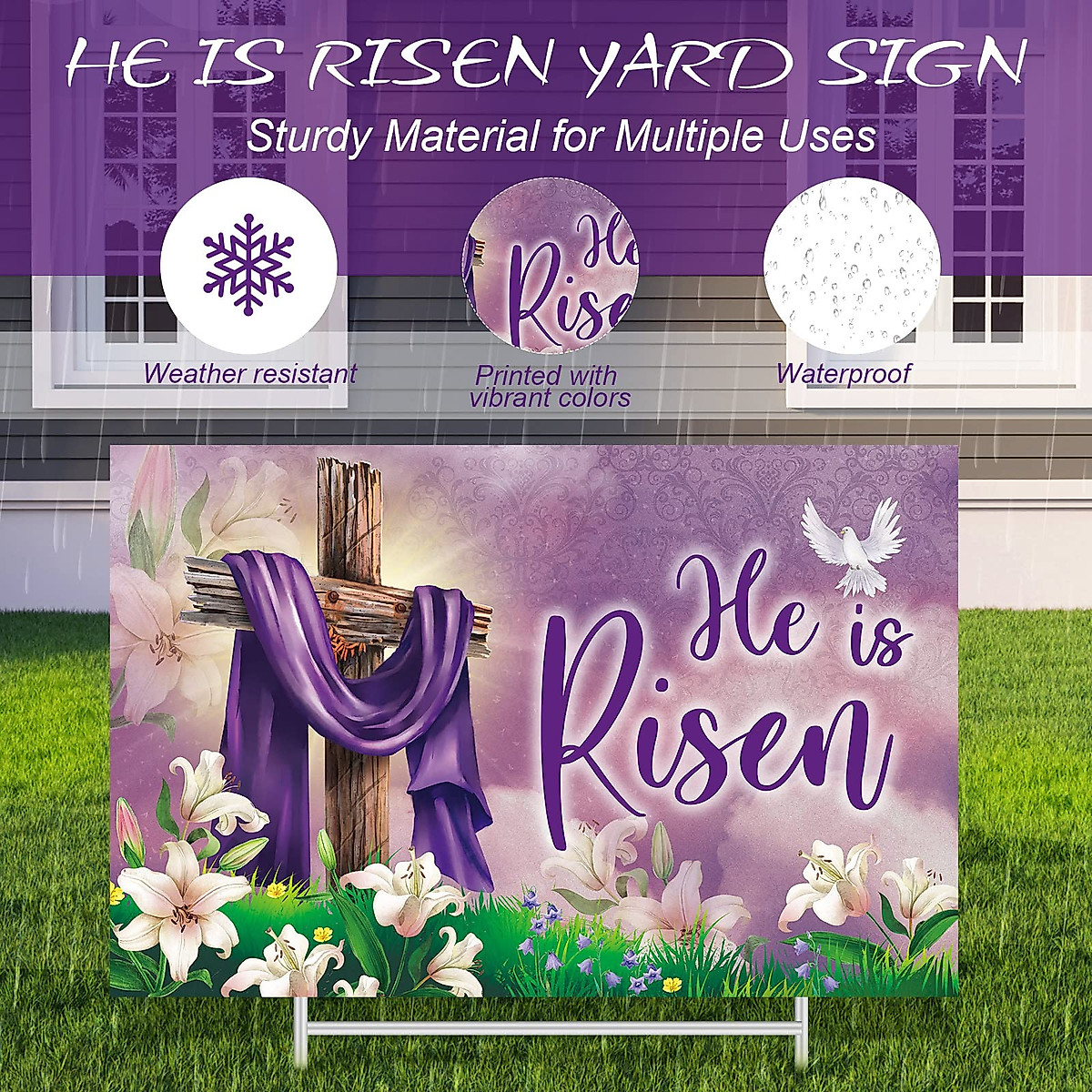 Easter Yard Sign with Metal Stakes Religious Waterproof Lawn Sign Christian Holiday Party Decorations Supplies Outdoor Decoration He Is Risen Party Yardy Sign Lawn Decorations for Garden Yard Props