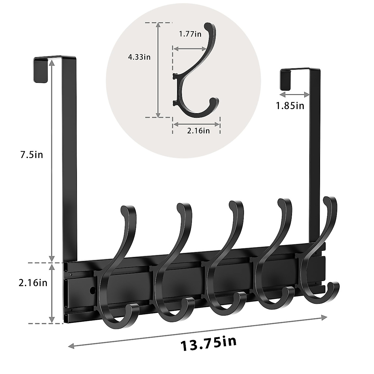 Over The Door Hooks for Hanging, Black Stainless Sturdy Clothes Rack Hanger for Coat, Towel, Purse, Backpack, Hat, Modern Organizer for Living Room, Bathroom, Bedroom, Dorm, 5 Double-Hook