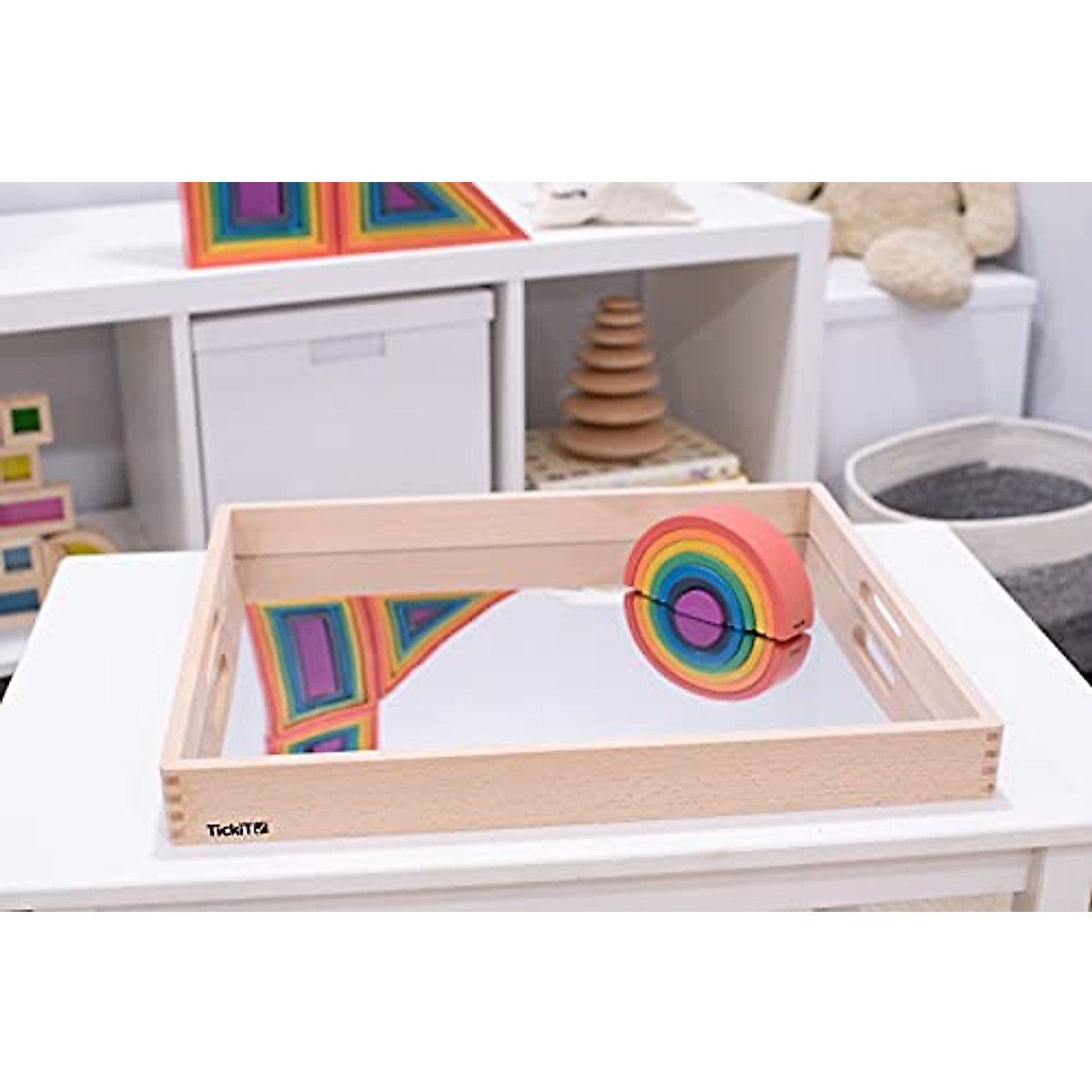 TickiT Wooden Mirror Tray - Explore Reflection, Symmetry and Patterns - for All Ages - Add Reflection to Any Sensory Activity Station