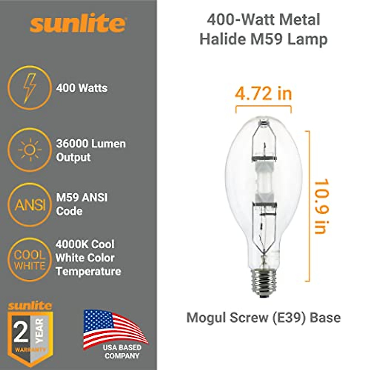 Sunlite 03663 MH400/U/MOG M59 Metal Halide Lamp, 400 Watts, Mogul Base (E39), ED37, 12,000 Hour Life Span, 36000 Lumen, Clear Finish, 4000K