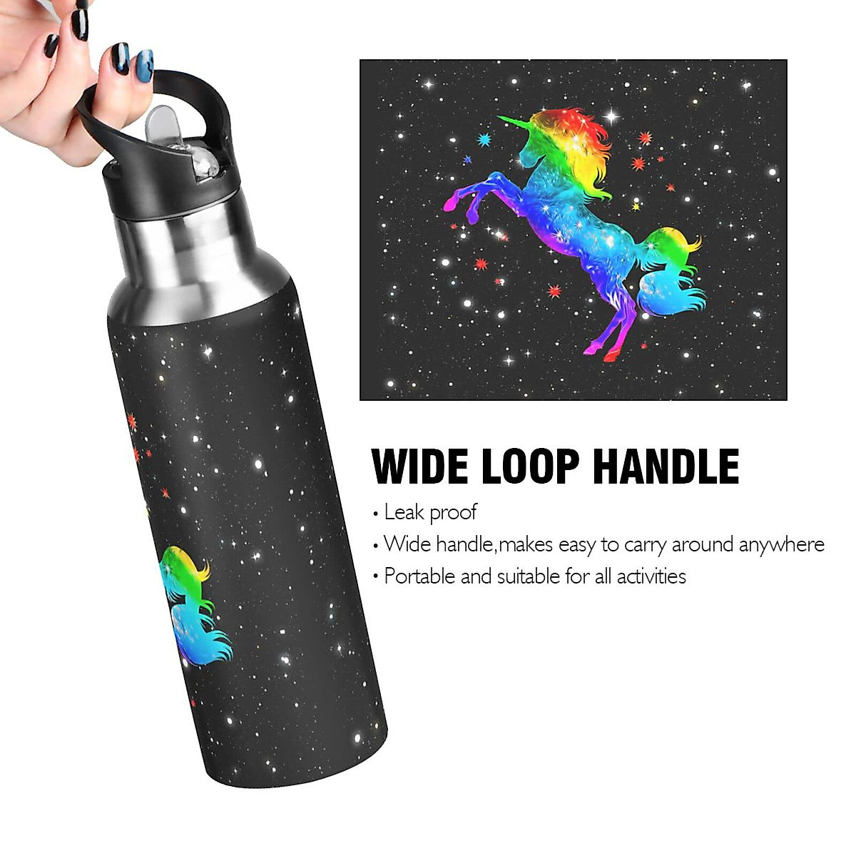 Kcldeci Unicorn Rainbow Galaxy Sports Water Bottle 20 Oz Straw Lid Leak Proof Vacuum Insulated Stainless Steel Hot Cold Double Walled Thermo Mug Tumbler Travel Cup Standard Metal Canteen