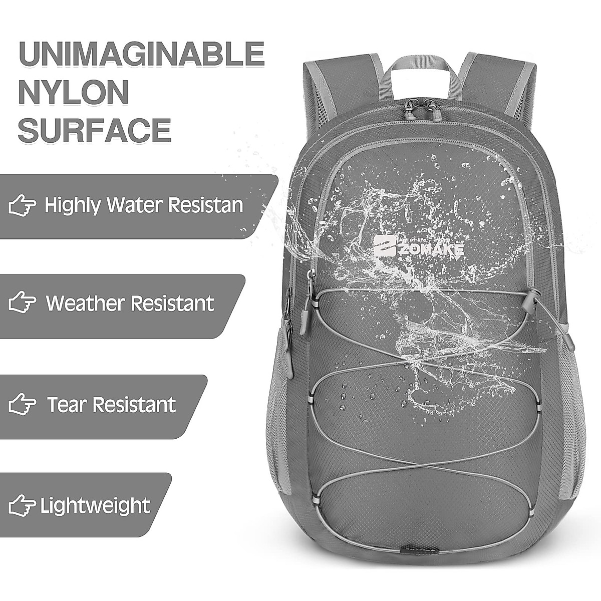 ZOMAKE 28L Packable Backpack:Lightweight Hiking Backpacks - Foldable Water Resistant Back Pack for Travel Camping Outdoor Hiking Day Pack (Medium grey)