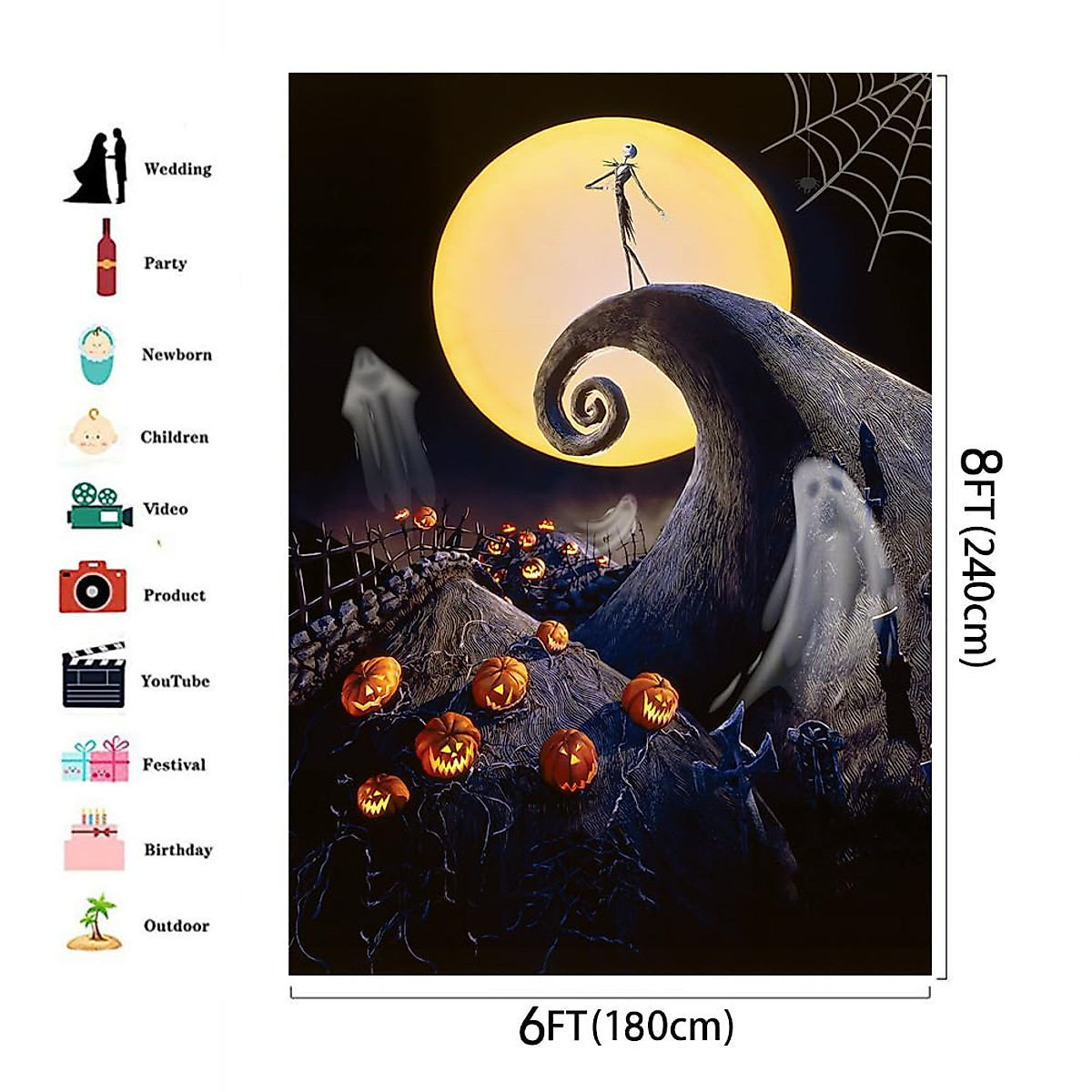 AIIKES 6x8FT Halloween Backdrop Nightmare Before Christmas Backdrop for Halloween Pumpkin Moon Ghost Skull Backdrop Birthday Baby Shower Backgrounds Party Home Decoration Photo Studio Props 11-749