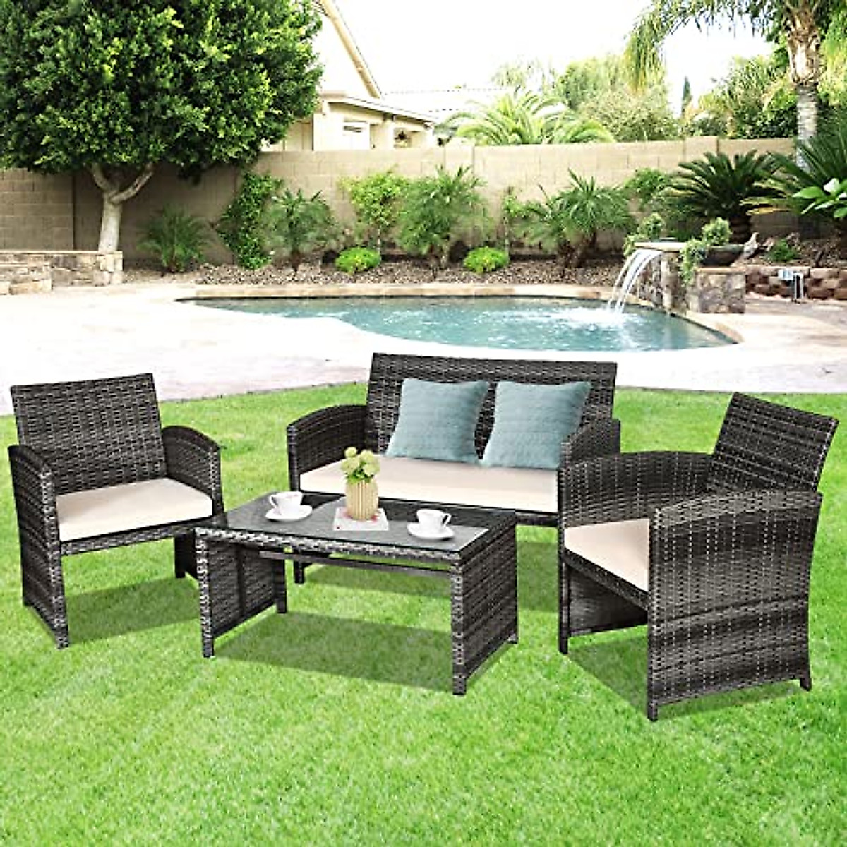 RELAX4LIFE 4-Piece Wicker Furniture Set - Hand-Woven PE Conversation Set with Cushions and Tempered Glass Coffee Table, Outdoor Rattan Sofas for Garden, Poolside, Backyard (White)