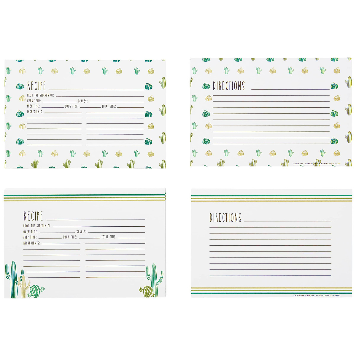 C.R. Gibson Cacti Double Sided Recipe Card Set, 4" W x 6" L, Multicolor