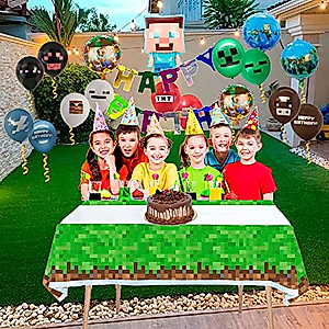 18 PCS Pixel Miner Crafting Style Foil & Latex Balloons - Mining Themed Party Supplies Disposable Tablecloth - Birthday Party Video Game Party Decorations