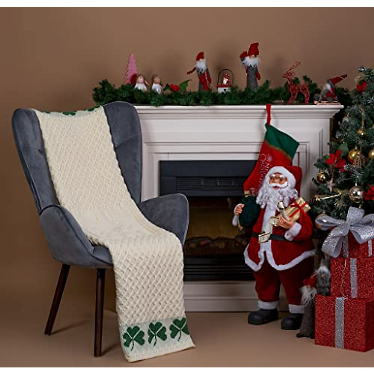 SAOL Irish Shamrock Aran Throw Blanket -100% Merino Wool - Honeycomb Pattern - Natural / 40'' x 60''/100 cm x150 cm