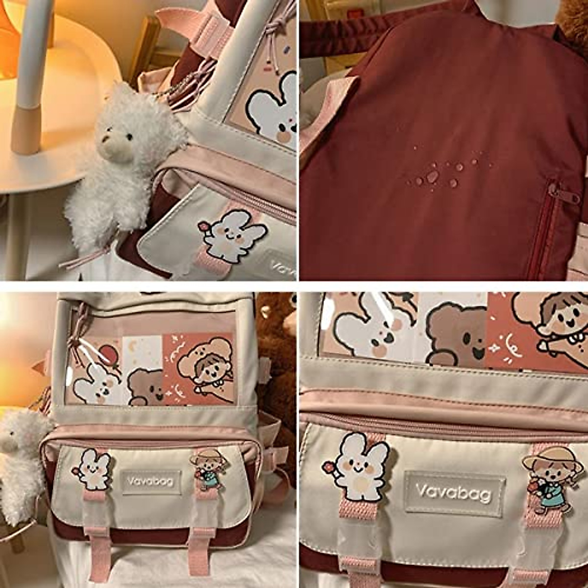 KOWVOWZ Kawaii Backpack for Teen Girls Aesthetic Student Bookbags with Cute pin bear pendant harajuku school nylon waterproof (black)