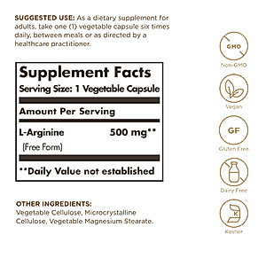 Solgar L-Arginine 500 mg - 100 Vegetable Capsules - Nitric Oxide Stimulator - Non-GMO, Vegan, Gluten Free, Dairy Free, Kosher - 100 Servings