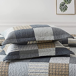 Finlonte Quilts Queen Size, 100% Cotton Lightweight Bedspread, Grey Brown White Plaid Patchwork Soft Reversible Queen Quilt Set for Bed All Season, 3-Pieces