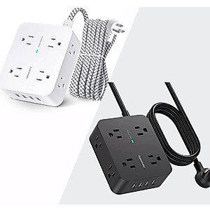 8 Outlets Power Strip with 4 USB Charging Ports, 3 Side Outlet Extender with 5Ft Braided Extension Cord, Flat Plug, Wall Mount, Desk USB Charging Station for Home Office
