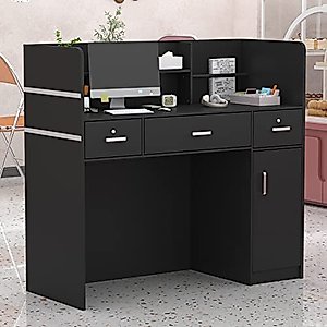 AGOTENI Reception Desk Reception Stations with Open Shelf & Drawers, Wooden Counter Desk with Lockable Drawer for Office Reception Room (Black)