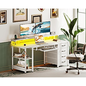 AODK 63 Inch Computer Desk with Power Outlet and LED Light, Office Desk with Fabric Drawer and Keyboard Tray, Gaming Desk with Adjustable PC Shelf and Monitor Stand, Desk for Bedroom with USB, White