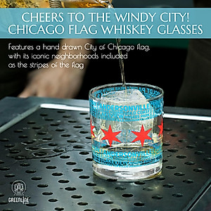 Greenline Goods Whiskey Glasses - 10 Oz Tumbler Set for Chicago lovers, Chicago Flag & Neighborhoods | Old Fashioned Rocks Glass - Set of 2