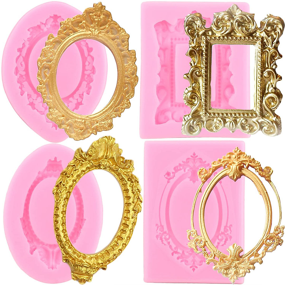 ZiXiang Photo Frame Silicone Molds Baroque Style Picture Frames Fondant Mold For Cupcake Topper Cake Decoration Chocolate Candy Polymer Clay Gum Paste Set Of 4
