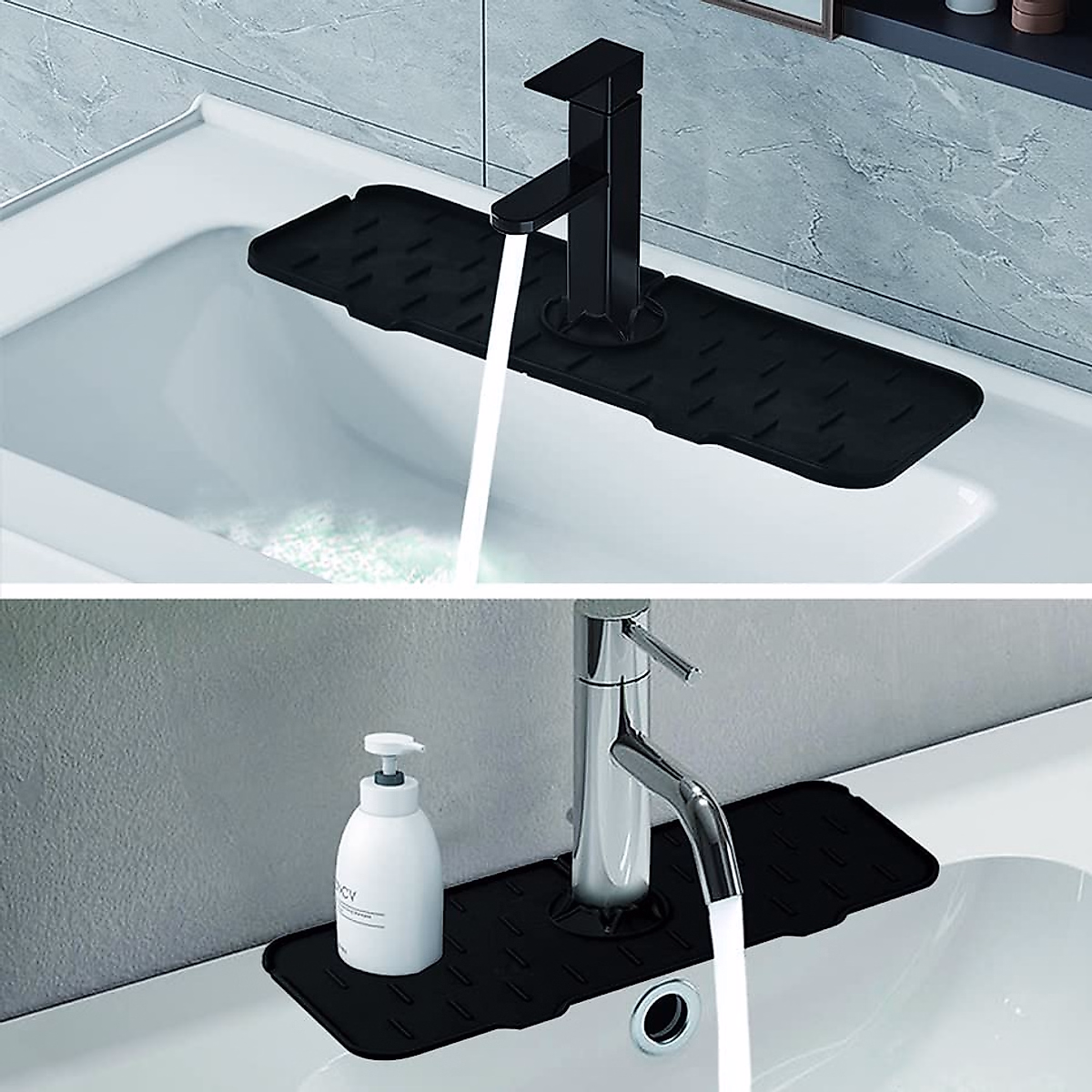 IEUSEW Silicone Faucet Mat, Silicone Faucet Handle Drip Catcher Tray, Faucet Water Catcher Mat, Silicone Sink Splash Guard, Black