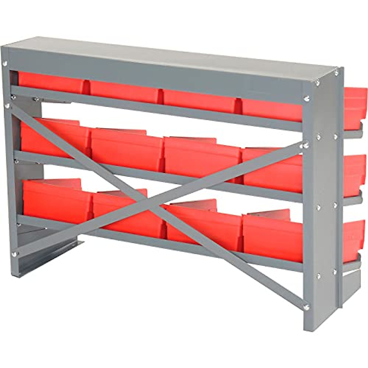 Global Industrial 3 Shelf Bench Rack, (12) 8" W Red Bins, 33x12x21