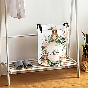 Pink Floral Woodland Forest Animals Round Storage Basket Personalized Name Laundry Basket Waterproof Nursery Hamper with Handle for Living Room Bedroom and Clothes