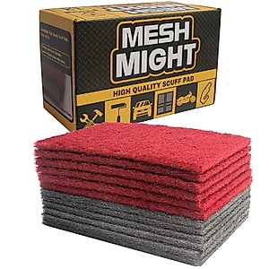 MeshMight 6" x 9" Non-Woven Scuff Pads, Scouring Pad, Box of 12: 6 Fine Grade Maroon Color, 6 Extra Fine Grade Grey Color; Aluminum Oxide Abrasive, Extra Durable and Thick, for Perfect Surface Finish