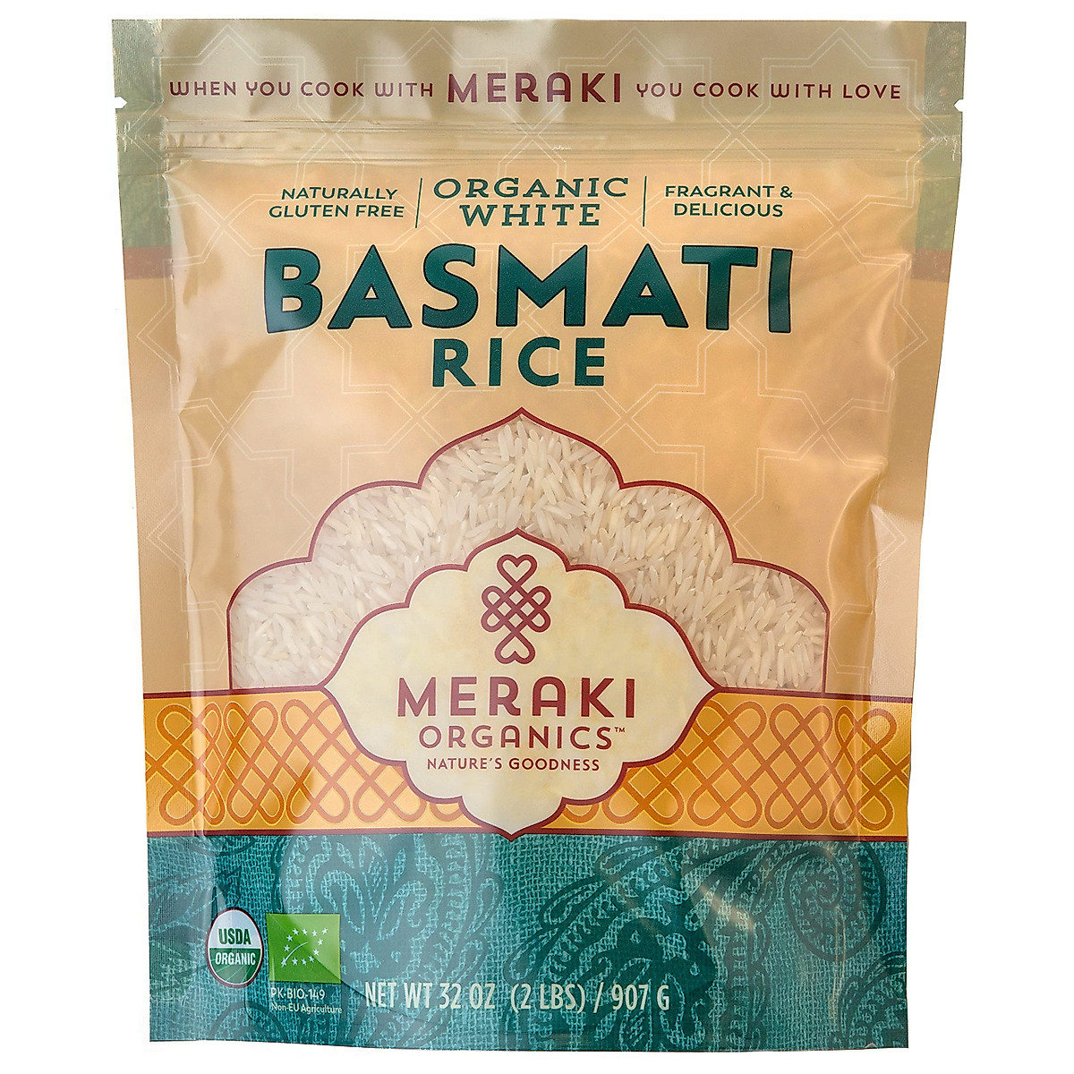 Meraki Organic White Basmati Rice 2 LB Bag - Pleasant Aroma, Thin, Extra Long Separated Fluffy Texture - Authentic Rice from Punjab, 100% USDA Certified Organic, Gluten-Free, Non-GMO, Vegan, Halal Kosher Low Sodium & Delicious No Artificial Flavors