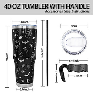 Goth Black 40 Oz Tumbler with Handle and Straw, Large Big Stainless Steel Vacuum Insulated Tumbler Iced Coffee Cup Water Bottle Travel Mug, Witchy Gothic Gifts Decor Accessories Stuff, Halloween Gifts