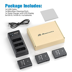 Powerextra 3 x EN-EL14 EN-EL14a Battery & LCD Triple Charger Compatible with Nikon D5600 D5500 D5300 D5200 D5100 D3500 D3400 D3300 D3200 D3100 Df Coolpix P7800 P7700 P7200 P7100 P7000
