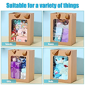 24 Pcs Brown Paper Gift Bags with Transparent Window Kraft Shopping Bags with Handles Clear Brown Gift Bags for Baby Shower Birthday Bridal Wedding Party Anniversary Florist Gift Packing, 7 x 5 Inch